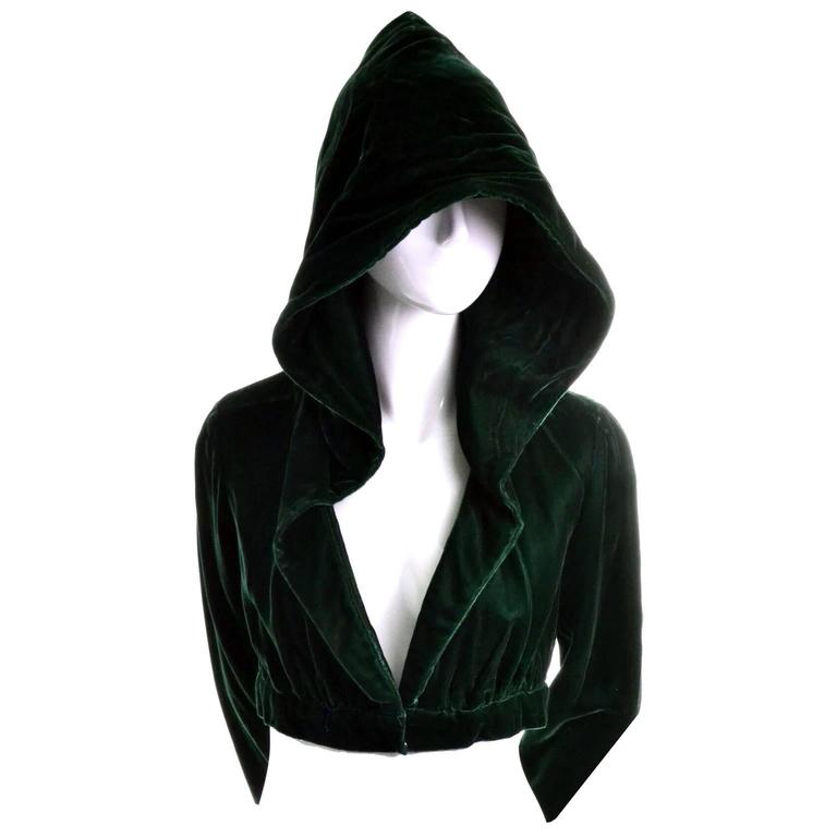 Luxe Green Velvet Evening Hooded Cropped Bolero Jacket at 1stDibs ...