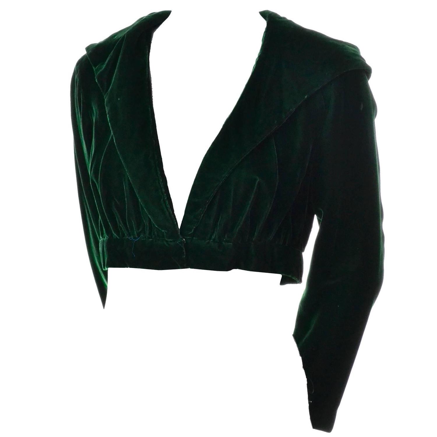 Luxe Green Velvet Evening Hooded Cropped Bolero Jacket at 1stdibs
