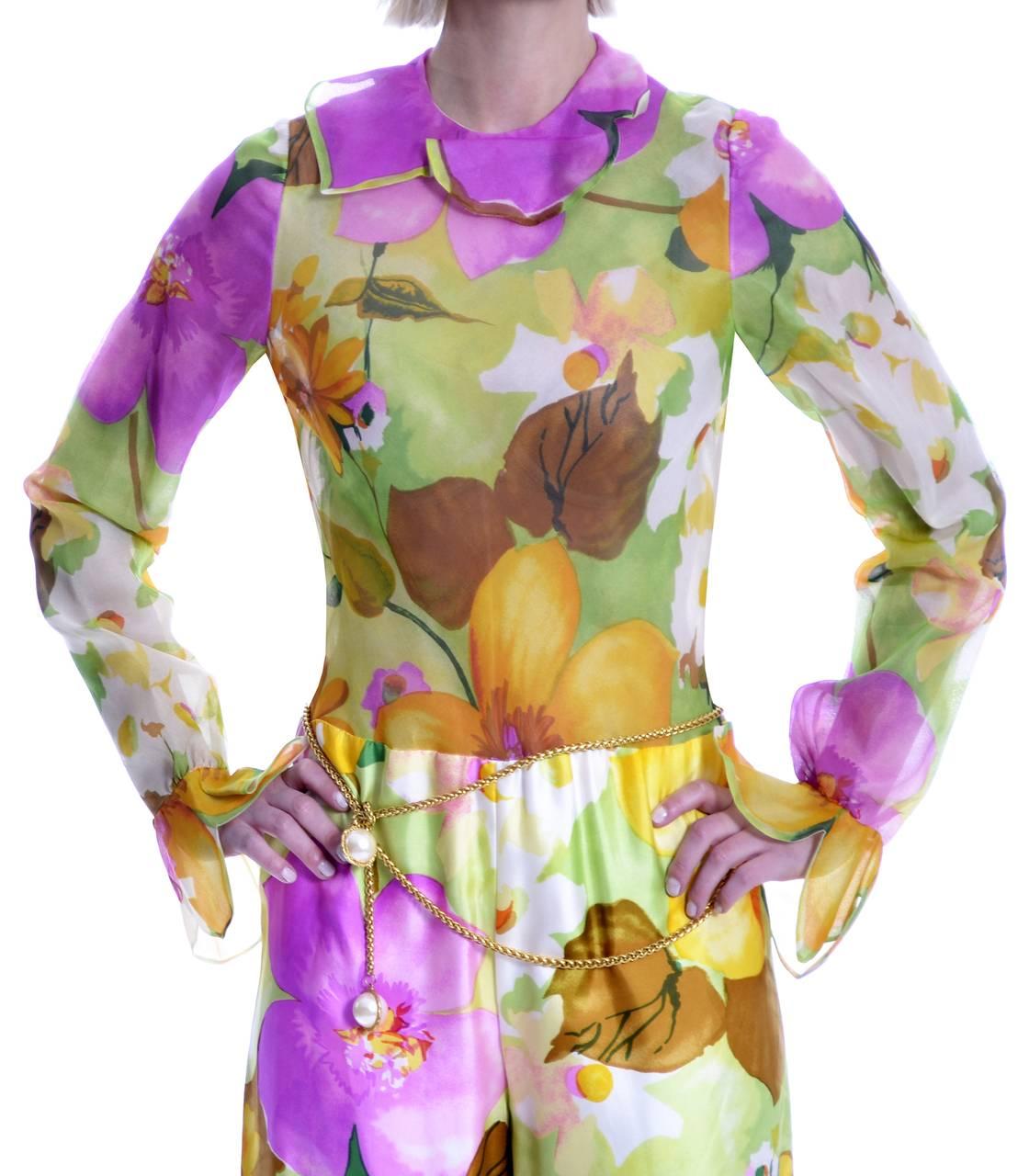 Deadstock Vintage Tina Leser Wide Leg Jumpsuit and Vest In Bold Floral ...