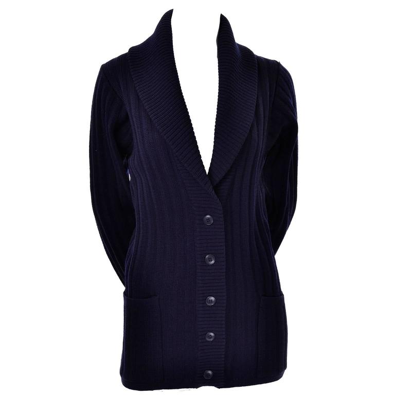 YSL Yves Saint Laurent 1970s Navy Blue Wool Cardigan Sweater With Shawl ...