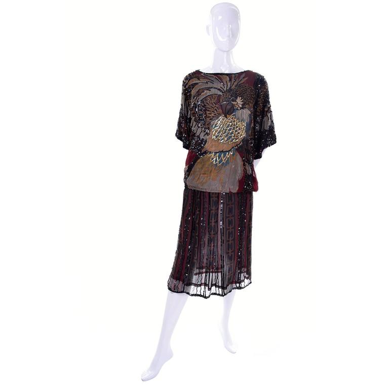 1970s Rare Adolfo Vintage Silk Pattern Mix Eagle Dress With Beading and ...