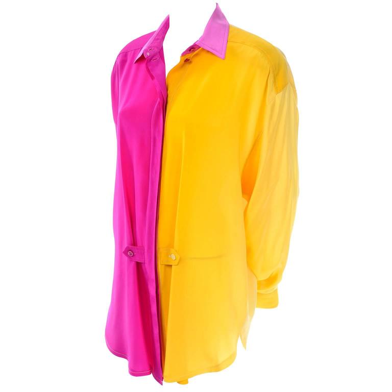 Escada Vintage Silk Yellow and Pink Color Block Blouse With Ombre Back ...