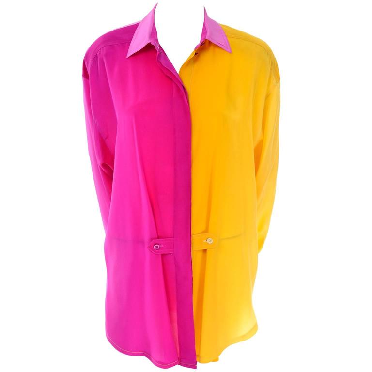 Escada Vintage Silk Yellow and Pink Color Block Blouse With Ombre Back ...
