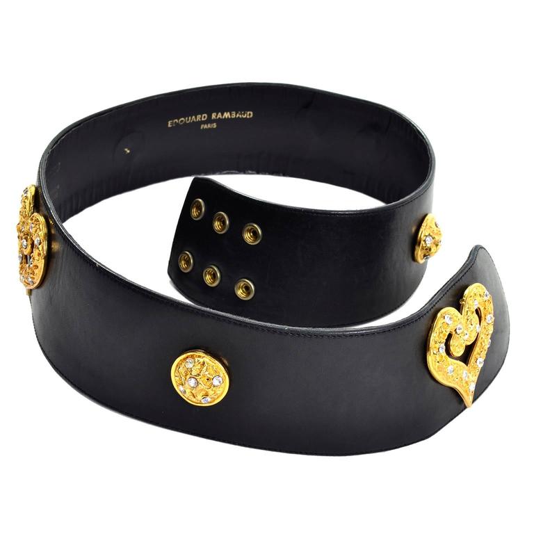 Edouard Rambaud Vintage Leather Belt with Rhinestone Gold Hearts at 1stDibs