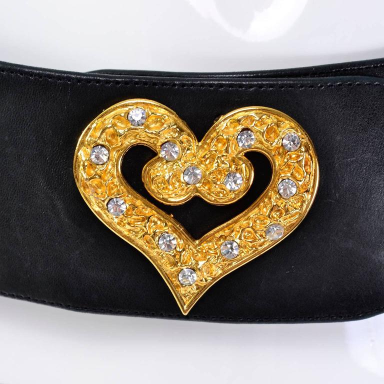 Edouard Rambaud Vintage Leather Belt with Rhinestone Gold Hearts at 1stDibs