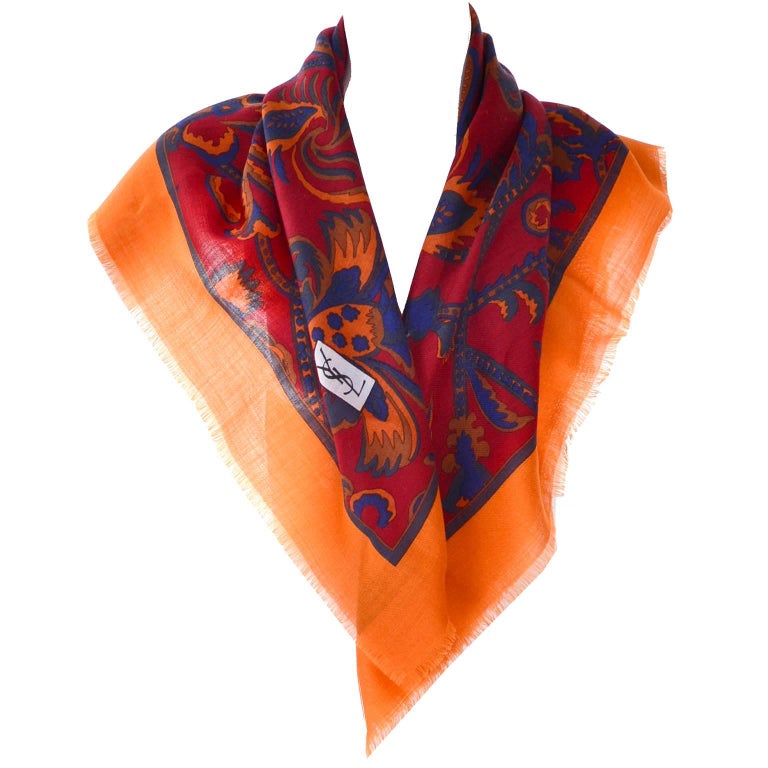 YSL Yves Saint Laurent Vintage Scarf 34" in Orange Blue and Burgundy ...