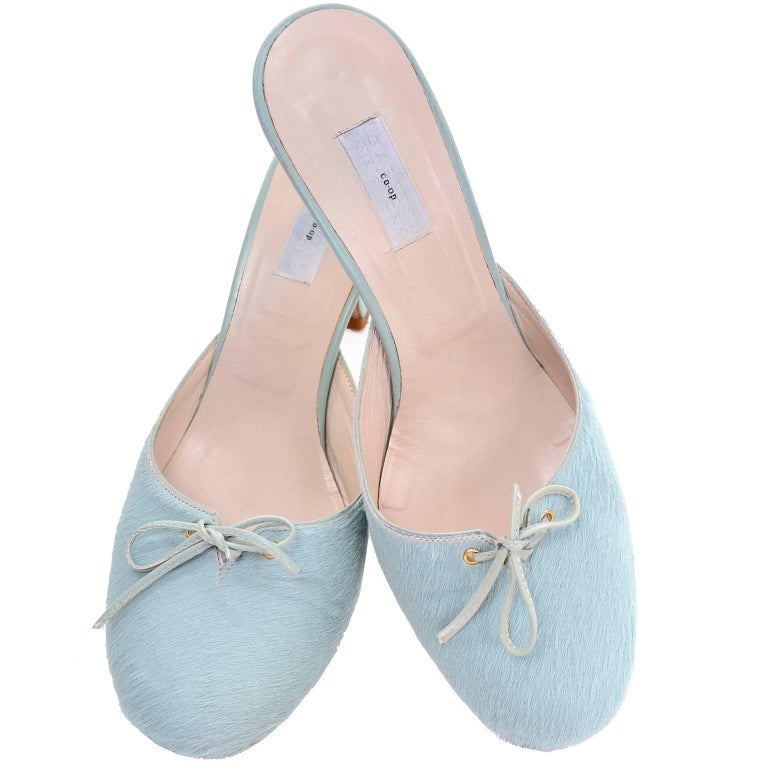 Barneys Fuzzy Blue Pony Fur Shoes Mules w/ Bows and 3.75 Inch Heels in ...