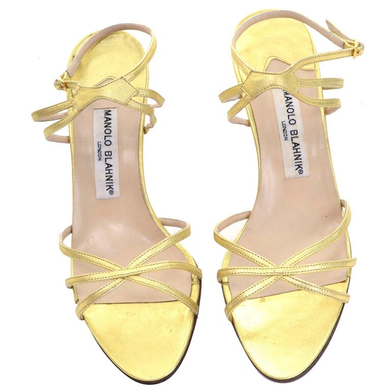 1980s Manolo Blahnik London Shoes Rare Vintage gold Metallic Strappy ...
