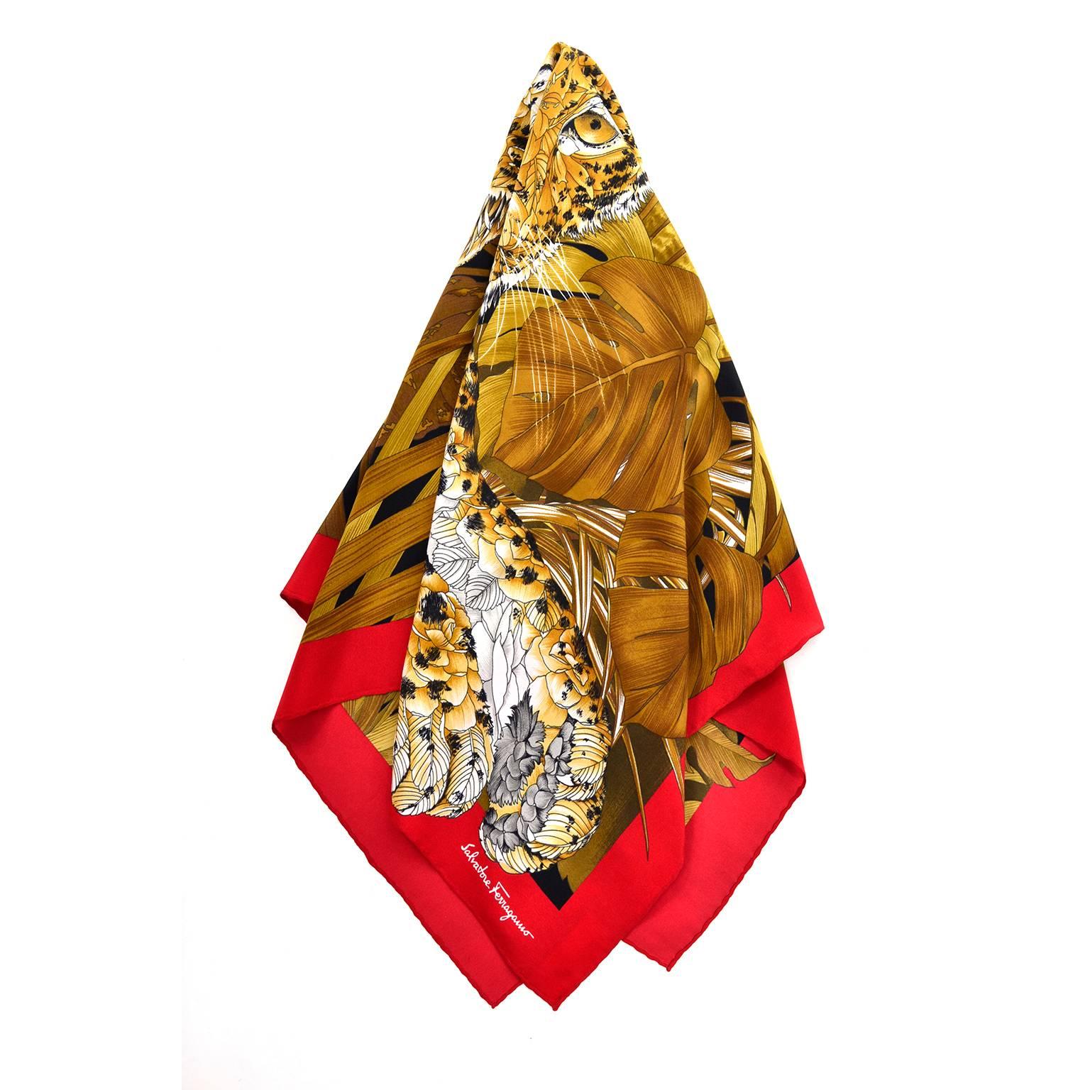Salvatore Ferragamo Vintage Silk Scarf in Leopard Jungle Print with Red ...