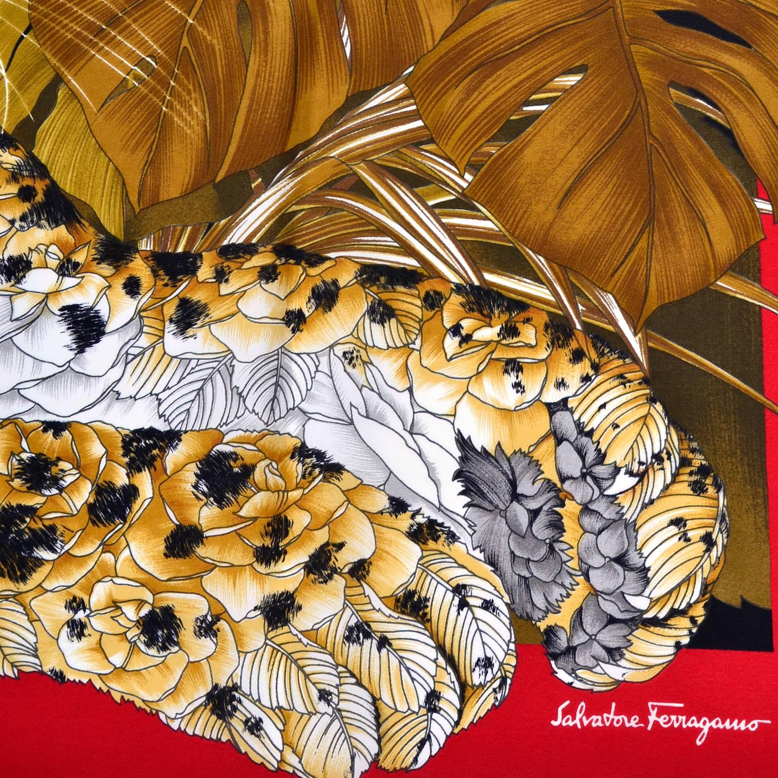 Salvatore Ferragamo Vintage Silk Scarf in Leopard Jungle Print with Red ...