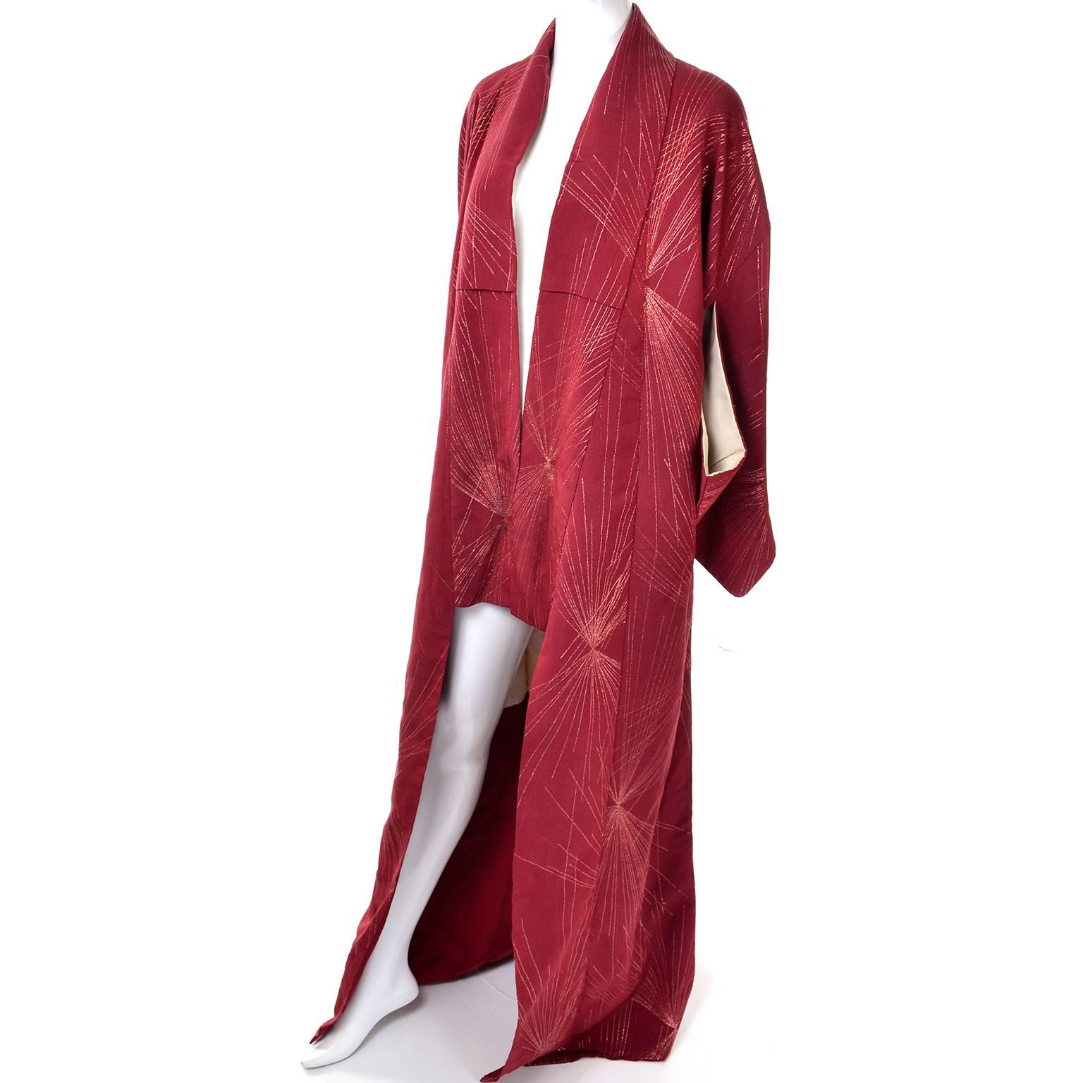 Vintage Rust Burgundy Silk Kimono w/ Gold Metallic Embroidery for Fall ...