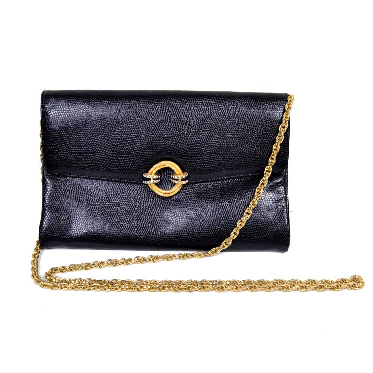 Rodo Italy Vintage Reptile Embossed Black Leather Handbag w/ Rhinestone ...