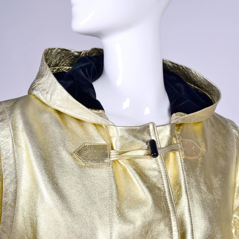 YSL Yves Saint Laurent Vintage Gold Leather Duffel Coat W/ Velvet Lined ...