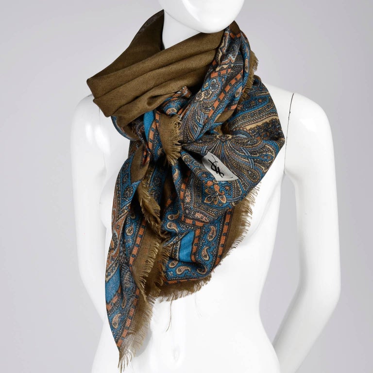 1970s YSL Yves Saint Laurent 52" Blue and Brown Wool Vintage Scarf or ...