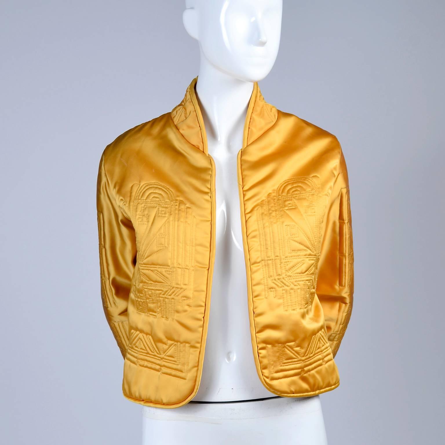 1980s Vintage Jacket in Art Deco Inspired Quilted Gold Silk Fabric at ...