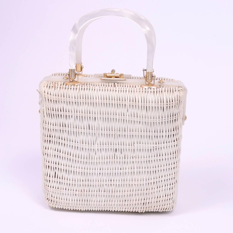 60s Novelty White Wicker Handbag w/ Lucite Rome London New York and ...