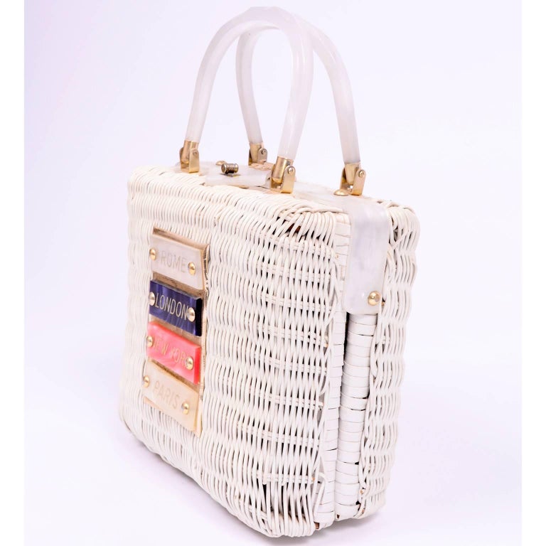 60s Novelty White Wicker Handbag w/ Lucite Rome London New York and ...