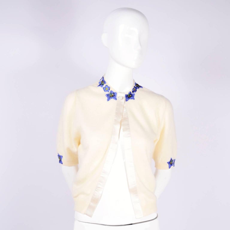 1950s Clare Potter Ivory Cashmere Vintage Sweater With Blue Floral ...