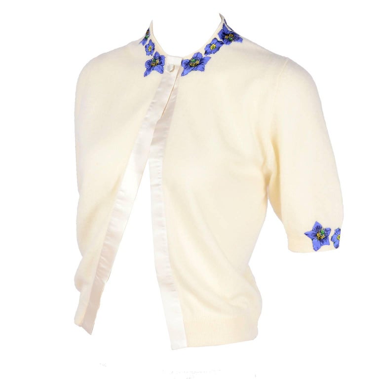 1950s Clare Potter Ivory Cashmere Vintage Sweater With Blue Floral ...
