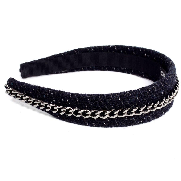 Chanel Headband in Black Charcoal Tweed W/ Chain and CC Monogram and ...