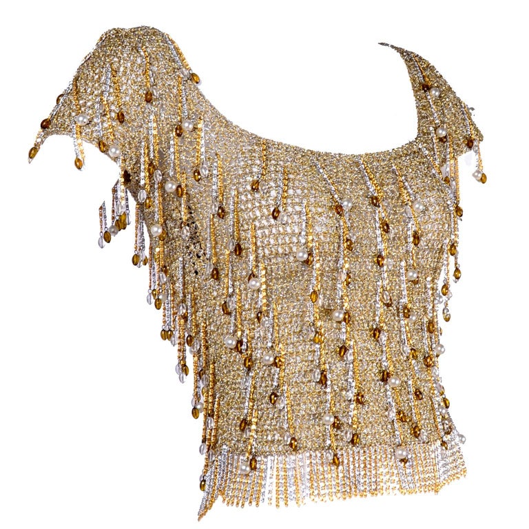 1970s Vintage Loris Azzaro Beaded Silver and Gold Metallic Crochet Top ...