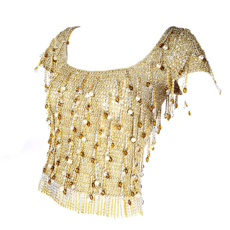 1970s Vintage Loris Azzaro Beaded Silver and Gold Metallic Crochet Top ...