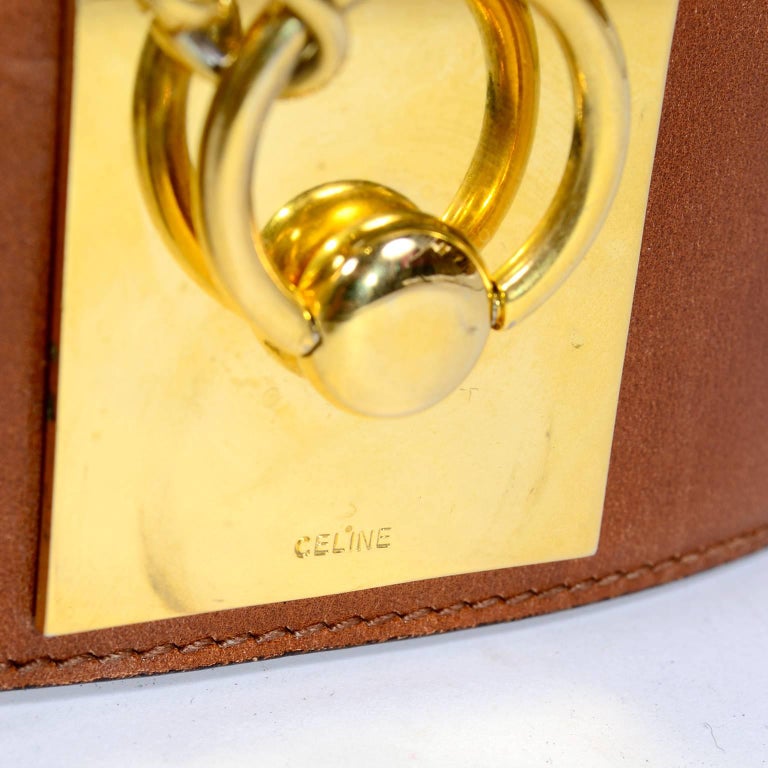 Celine Belt in Caramel Brown Leather With Gold Chain and Metal Peg ...