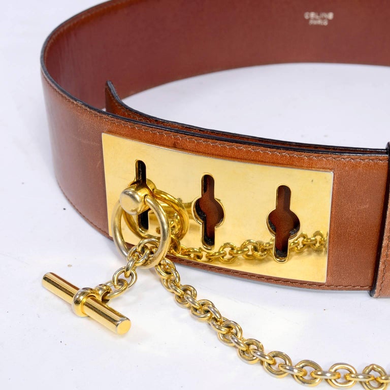 Celine Belt in Caramel Brown Leather With Gold Chain and Metal Peg ...