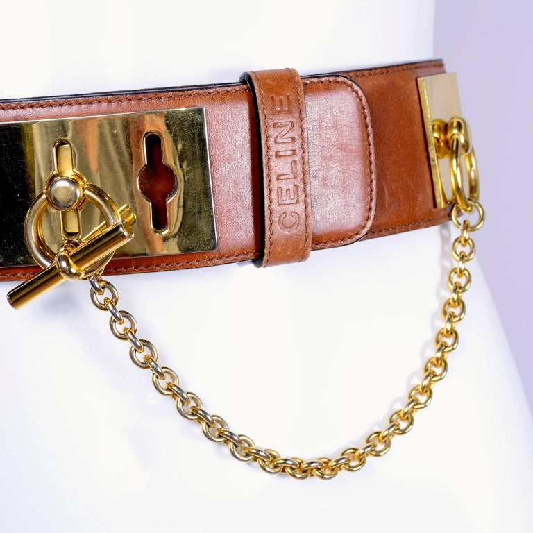 Celine Belt in Caramel Brown Leather With Gold Chain and Metal Peg ...