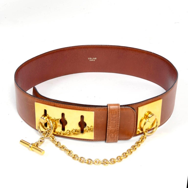 Celine Belt in Caramel Brown Leather With Gold Chain and Metal Peg ...