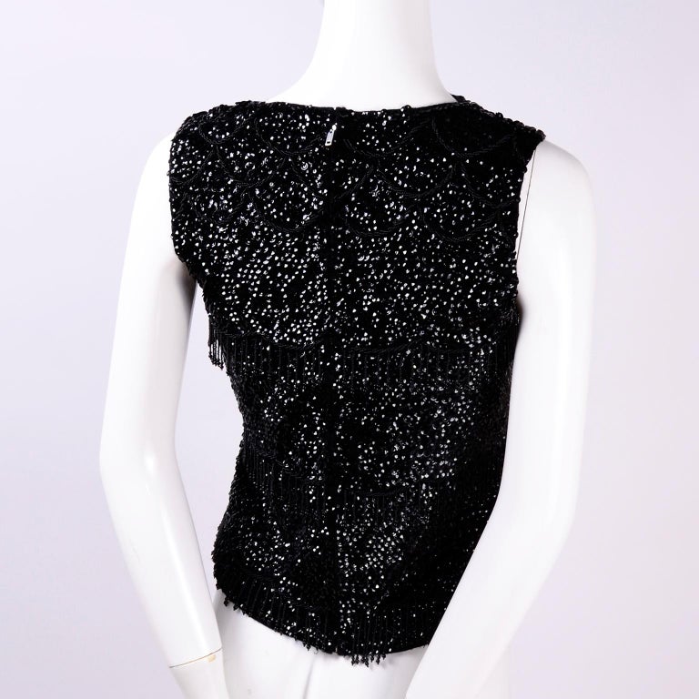 1960s Black Beaded Vintage Top With Fringe Made in Hong Kong For Sale ...