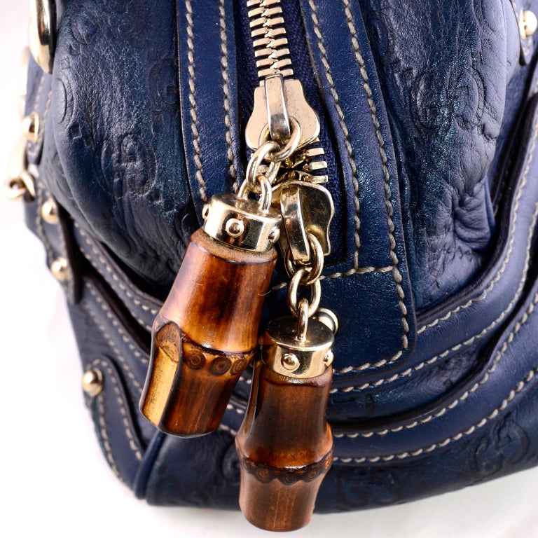 Gucci Guccissima Blue Leather Wave Boston Bag Bamboo Zipper Pulls at ...