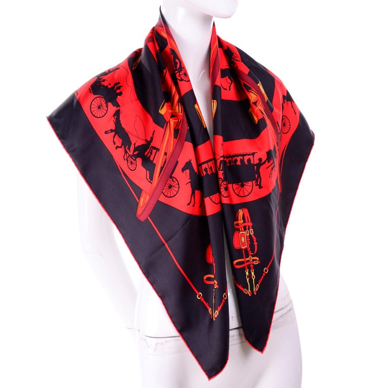 2006 Hermes Paris qui Roule Silk Scarf in Red and Black Designed by ...