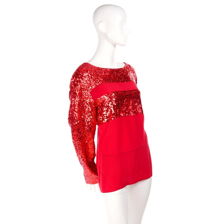 Nina Ricci Vintage Red Silk Evening Festive Holiday Top With Sequins ...