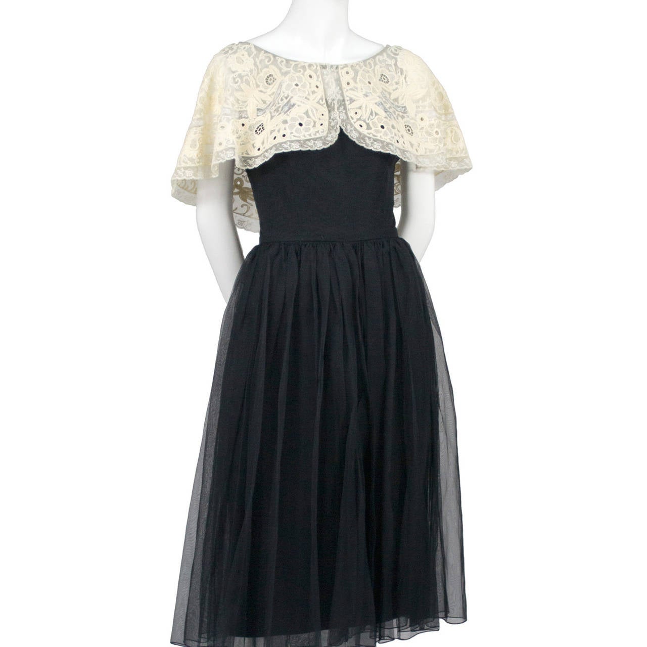 Larry Aldrich 1950s Vintage Dress in Black Organza With Wide Fine Lace ...