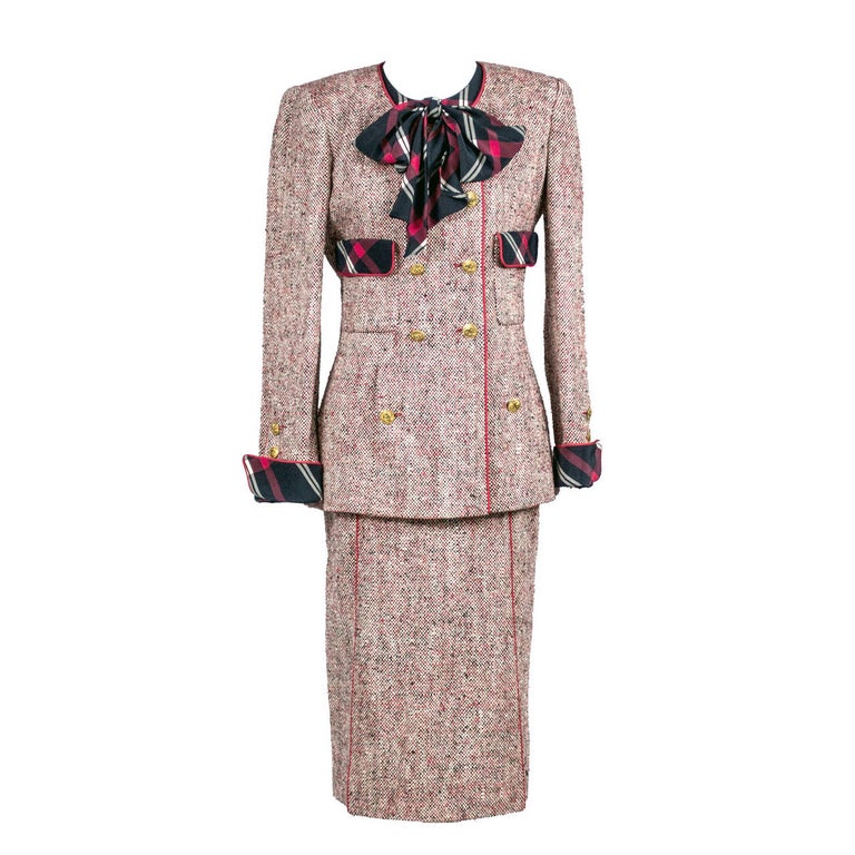1985 Chanel Runway Tweed With Skirt Blazer and Silk Blouse Red White ...