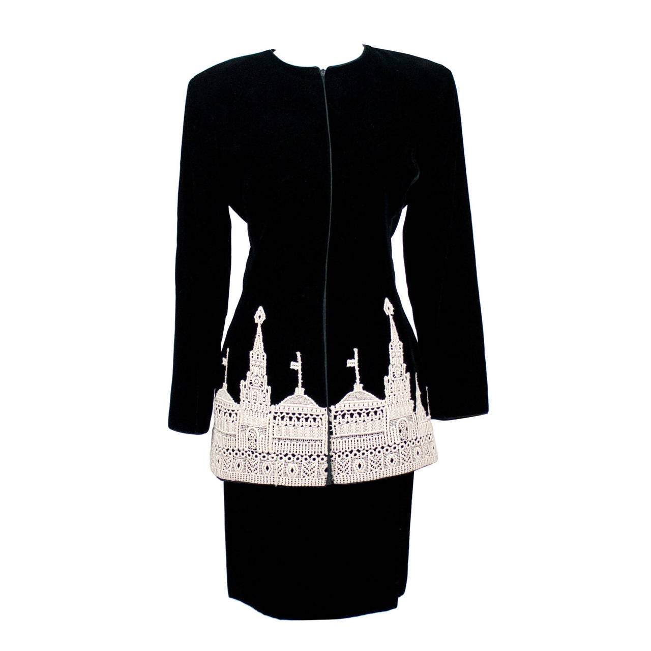 Valentino Boutique Black Silk Velvet Skirt Suit Figural Lace City ...