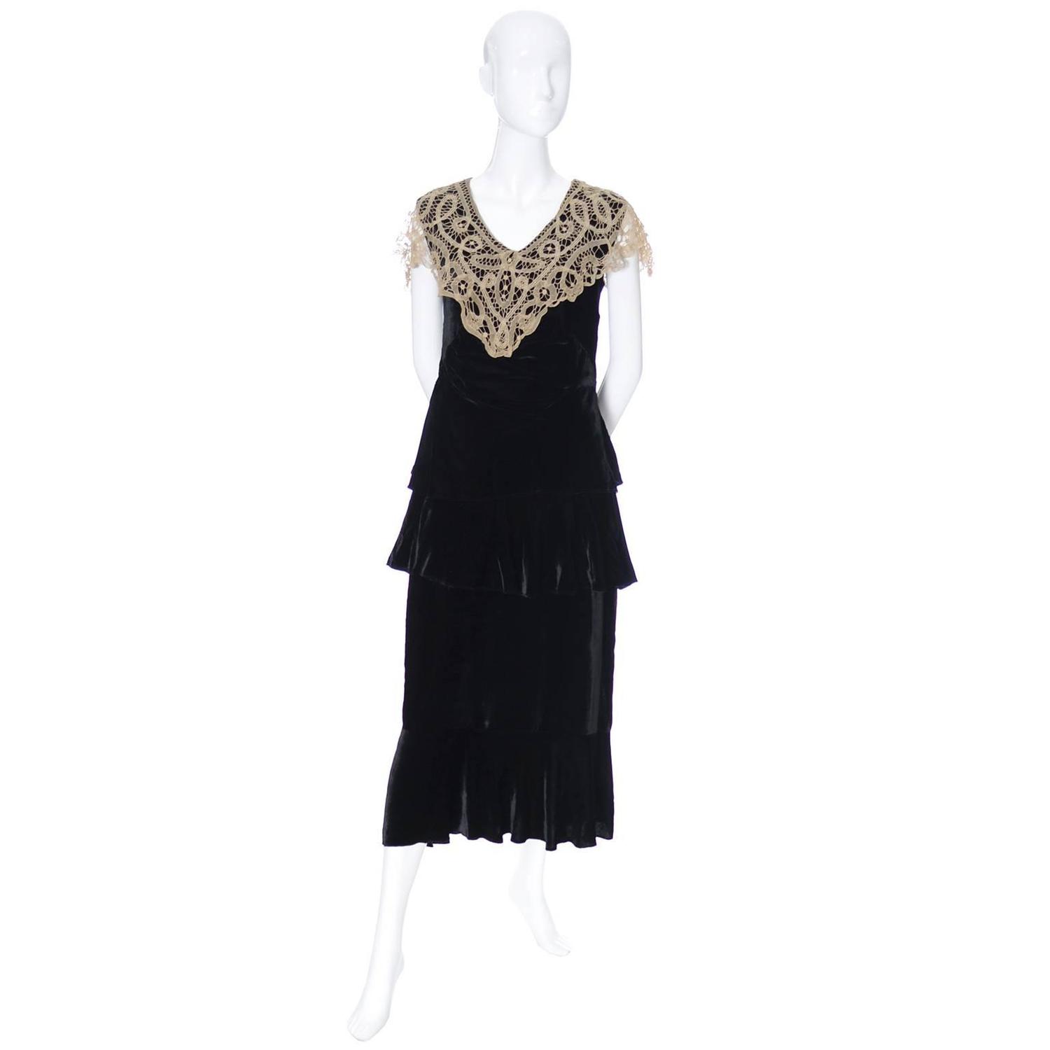 1920s Vintage Dress and Opera Coat Ensemble Suit Outfit Velvet Lace For ...