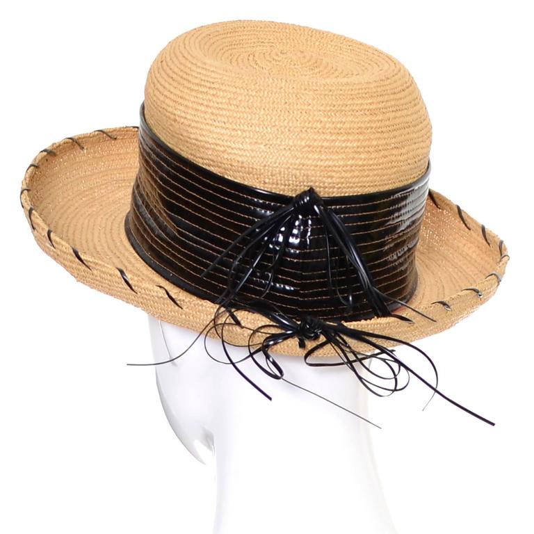 Schiaparelli 1960s Vintage Hat Straw Black Vinyl Laces at 1stDibs