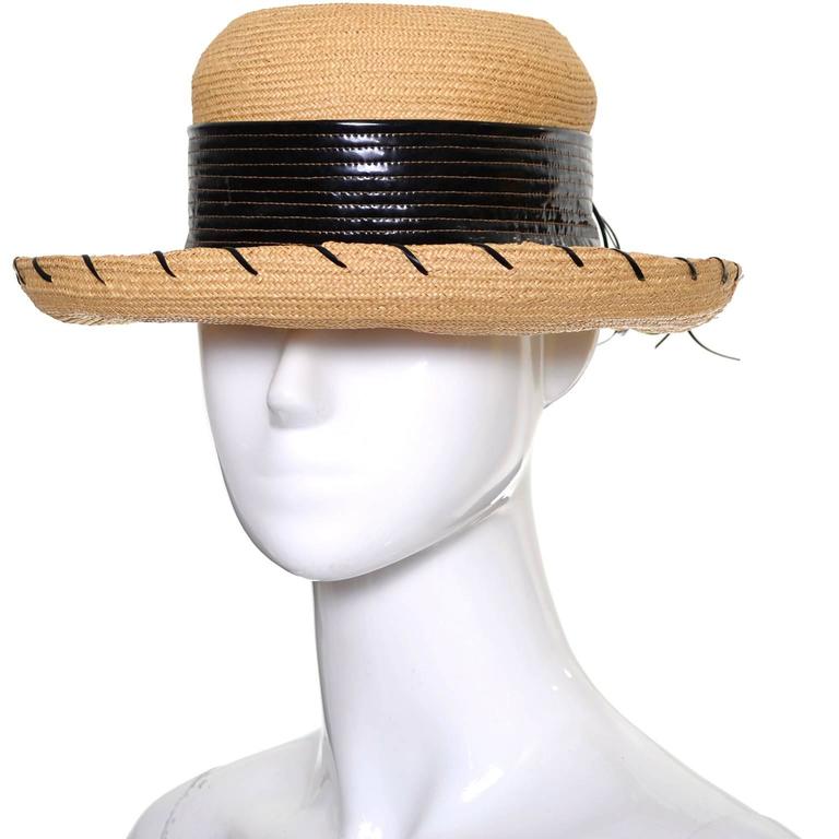 Schiaparelli 1960s Vintage Hat Straw Black Vinyl Laces at 1stDibs