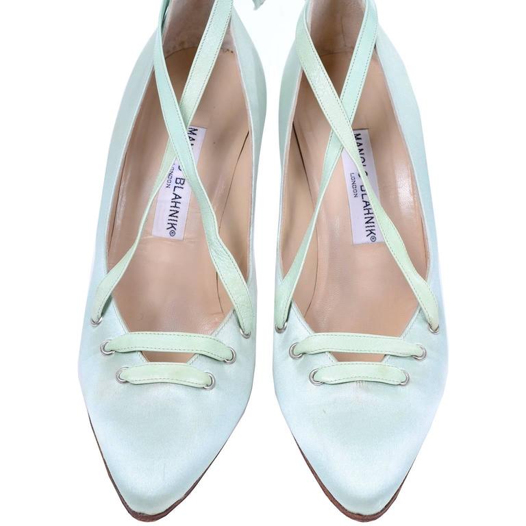 Manolo Blahnik London Vintage Green Satin Lace up Shoes For Sale at ...