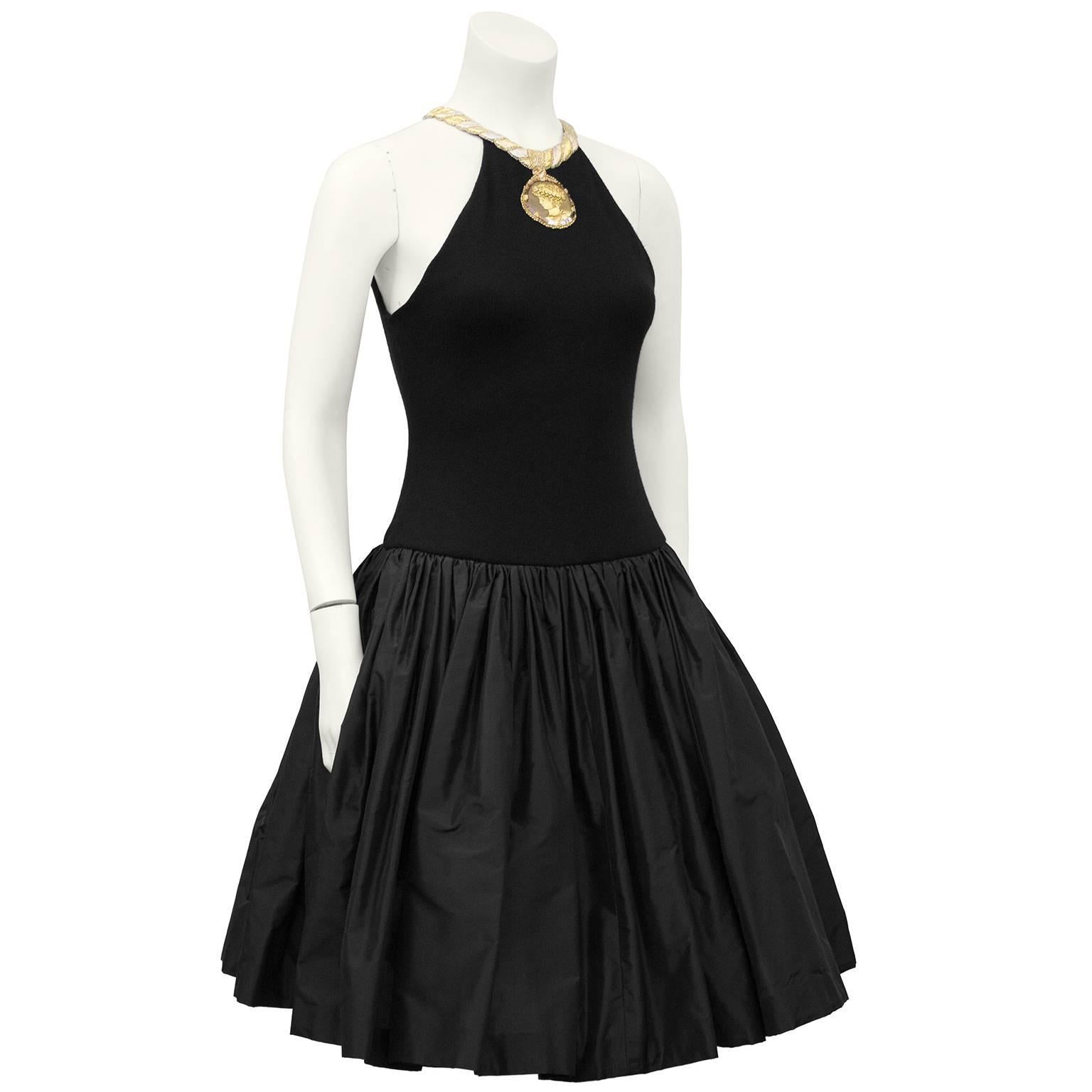 1980s Carolyne Roehm Black Cocktail Dress with Gold Roman Details at ...