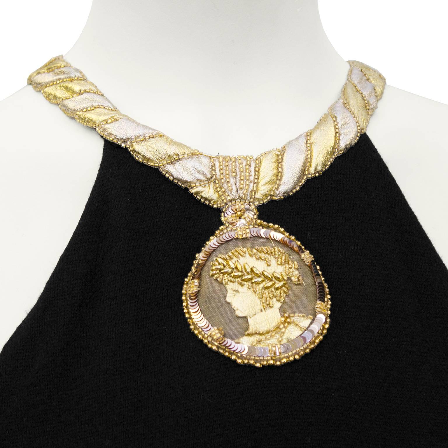 1980s Carolyne Roehm Black Cocktail Dress with Gold Roman Details at ...