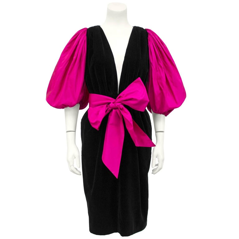 1980s Yves Saint Laurent/YSL Black Velvet Dress with Pink Balloon ...
