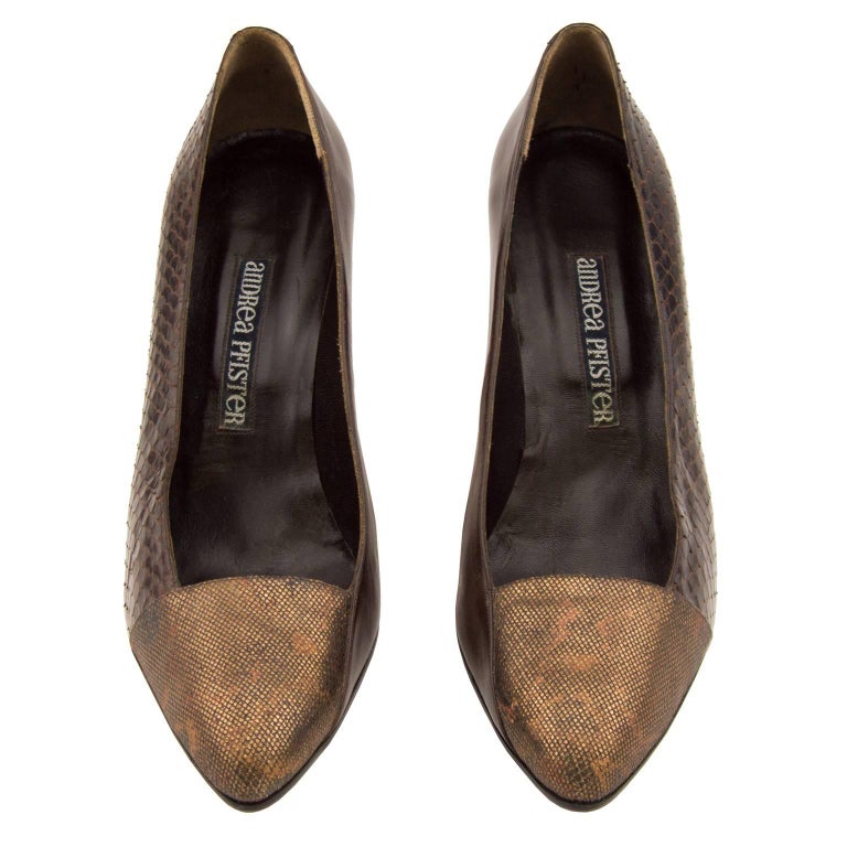 1980s Andrea Pfister Bronze and Brown Pumps Never Worn For Sale at 1stDibs
