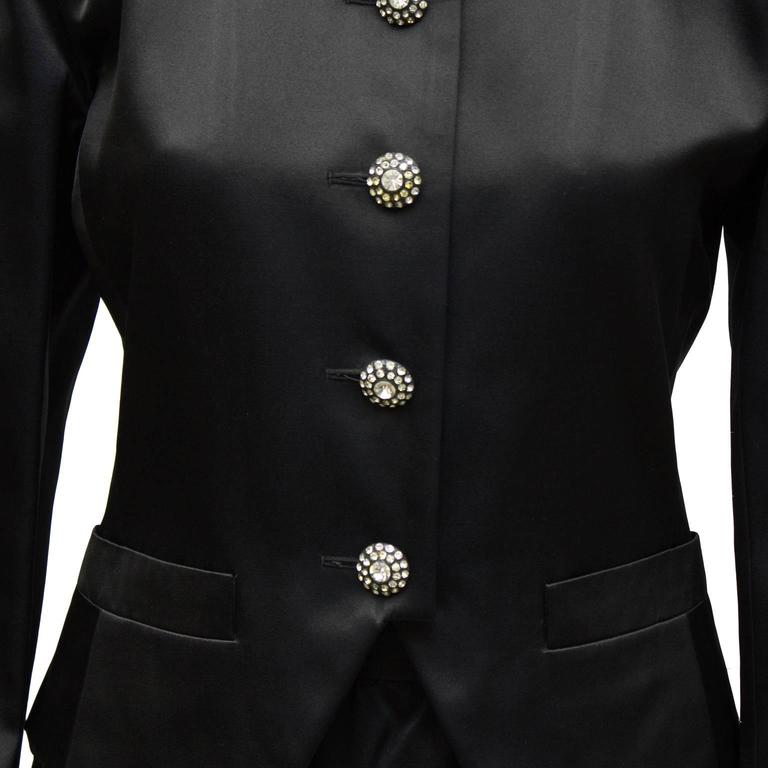 1980's Yves Saint Laurent YSL Black Satin Suit with Rhinestone Buttons ...