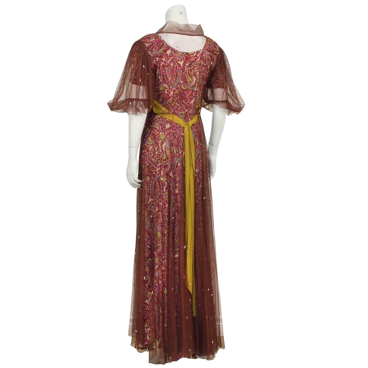 1940's Anonymous Paisley Gown with Maroon Net Overcoat For Sale at ...