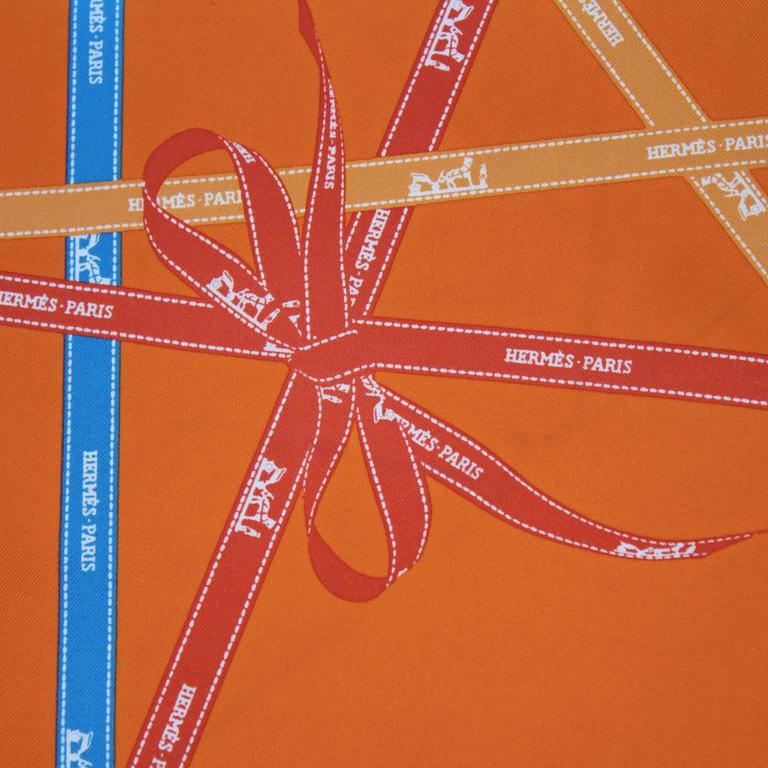 1990's Hermes Orange Silk Ribbon Logo Pocket Square at 1stDibs