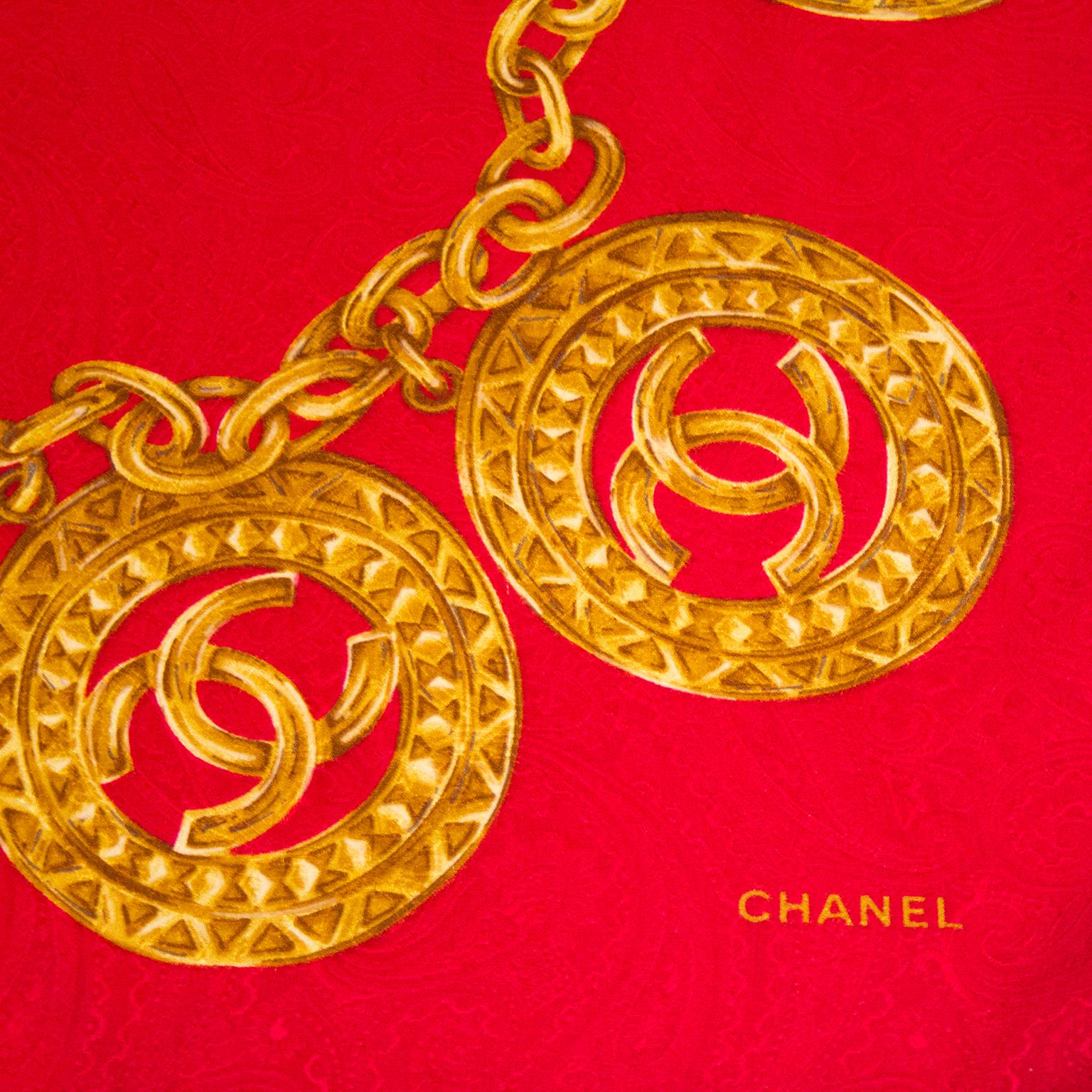 1990s Chanel Red Silk Scarf with Gold CC Chain Print at 1stDibs | chain ...