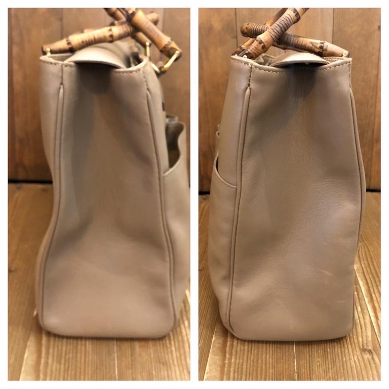 1990s Vintage GUCCI Calf Leather Bamboo Tote Khanki Document For Sale ...